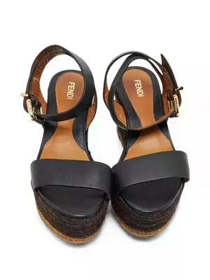 Fendi Leather Wedge Espadrilles With Ankle Strap And Gold-tone Hardware