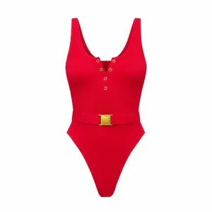 L’animal Panthère Rouge Ribbed One-piece Swimsuit With Waist Belt - Red