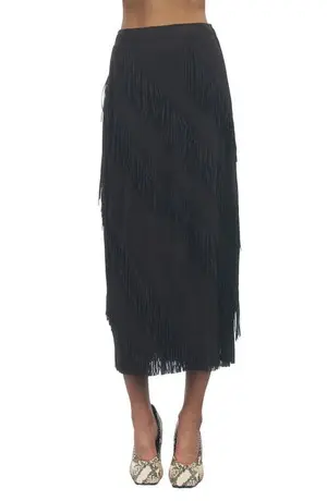MAUDE CLUB Kellie Fringed Midi Skirt - Brown