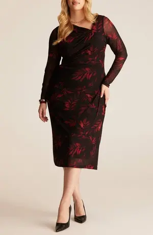 ESTELLE Mesh Sleeve Botanical Print Midi Dress - Inferno