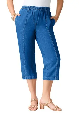 Roaman's Easy Wear Straight Leg Capri - Medium Wash