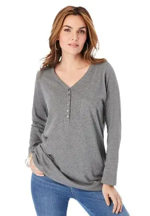 Roaman's Long Sleeve Sweetheart Henley Tee With Pocket - Medium Heather Grey