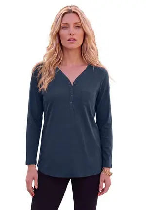 Roaman's Long Sleeve Sweetheart Henley Tee With Pocket - Navy