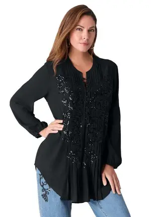 Roaman's Sequin Floral Tunic Top - Black