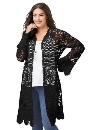 Roaman's Floral Lace Crochet Duster - Black