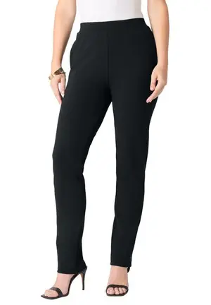 Roaman's Plus Size Ponte Straight Leg Pant With Pockets And Pull On Elastic Waist Black