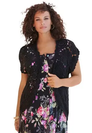 Roaman's Plus Size Scallop Trim Crochet Cardigan Sweater Black