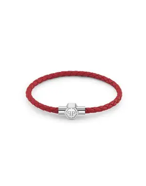 Philipp Plein Leather Stainless Steel Bracelet Plein Tag - Red/silver
