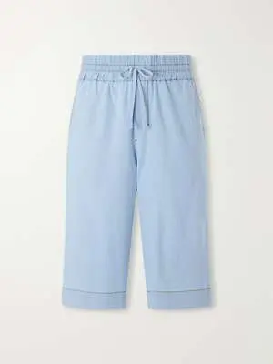 AMI Paris Straight-leg Logo-embroidred Cotton-chambray Shorts - Blue