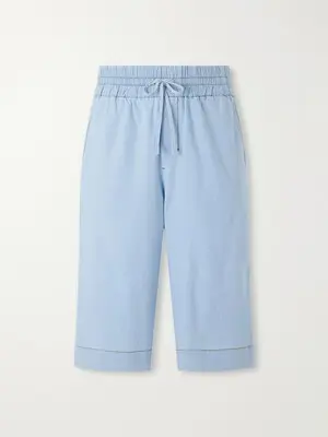 AMI Paris Straight-leg Logo-embroidered Cotton-chambray Shorts - Blue