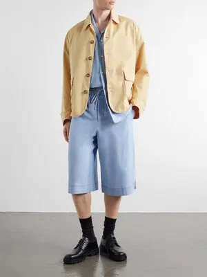 AMI Paris Straight-leg Logo-embroidered Cotton-chambray Shorts - Blue
