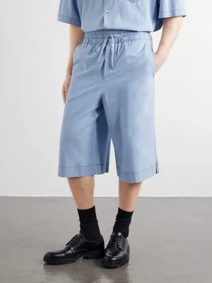 AMI Paris Straight-leg Logo-embroidered Cotton-chambray Shorts - Blue