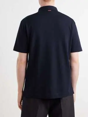 Zegna Leather-trimmed Cotton-piqué Polo Shirt - Navy