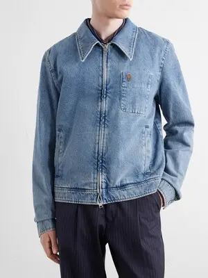 AMI Paris Washed Denim Jacket With Logo Embroidery