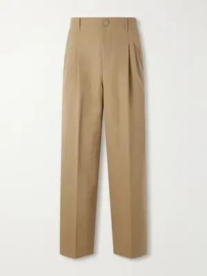 AMI Paris Carrot Straight-leg Pleated Cotton And Linen-blend Trousers - Neutrals