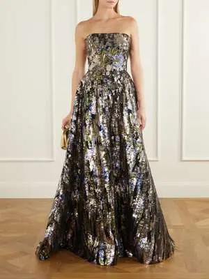 Elie Saab Strapless Embroidered Sequined Tulle Gown