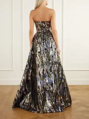 Elie Saab Strapless Embroidered Sequined Tulle Gown