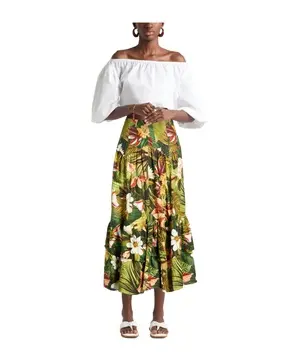 Farm Rio Floral Print Tiered Midi Skirt