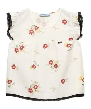 Prada Linen Top With Floral Motif And Lace Trim