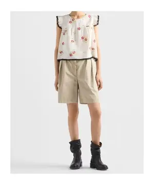 Prada Linen Top With Floral Motif And Lace Trim