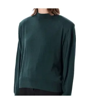 THE FRANKIE SHOP Ribbed Wool Turtleneck Knit Top With Shoulder Pads - Green