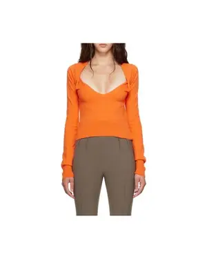 MUGLER Cropped Cashmere V-neck Knit Top - Orange