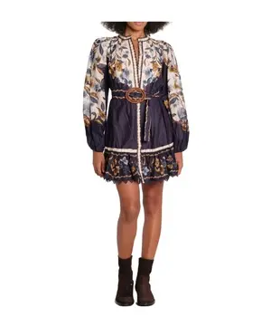 Farm Rio Farm Rio Printed Long Sleeve Belted Dress Navy