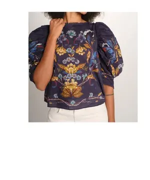 Farm Rio Short Sleeve Printed Puff Sleeve Cropped Shirt