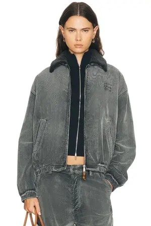 Miu Miu Corduroy Zip-up Jacket With Fleece Collar - Grigio