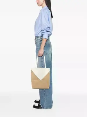 Loewe 2024 Medium Bicolor Shiny Calfskin Puzzle Fold Tote Bag - Neutrals