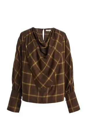 Co Draped Check Plaid Tunic Top - Brown
