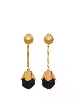 Johanna Ortiz Black Woven Texture Floral Motif Drop Earrings - Gold