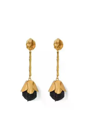 Johanna Ortiz Black Woven Texture Floral Motif Drop Earrings