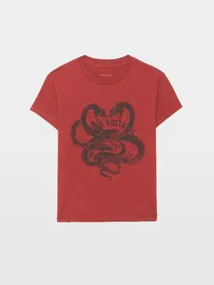Zadig&Voltaire Walk Cotton T-shirt With Snake Print And Rhinestones - Cherry