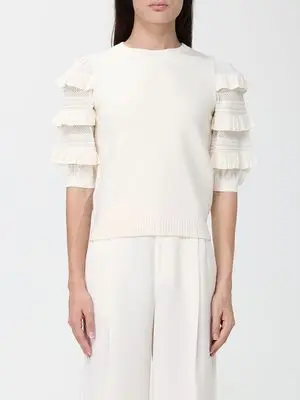 TWINSET Short Sleeve Embroidered Wool Blend Jumper With Ruffles