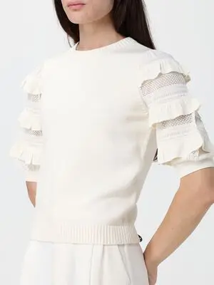 TWINSET Short Sleeve Embroidered Wool Blend Jumper With Ruffles