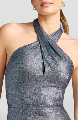 Dress The Population Brighton Metallic Halter Gown
