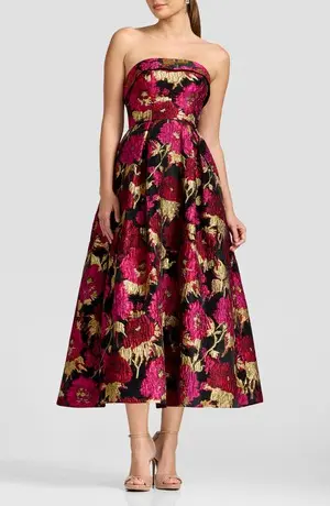 Dress The Population Mika Strapless Metallic Brocade Fit-and-flare Cocktail Dress