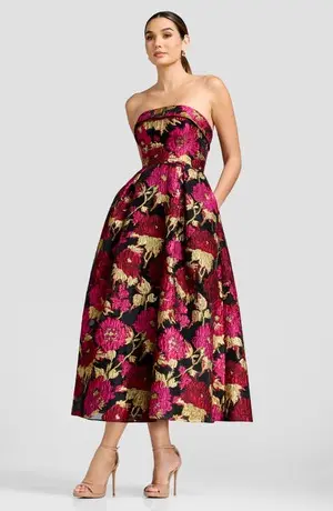 Dress The Population Mika Strapless Metallic Brocade Fit-and-flare Cocktail Dress
