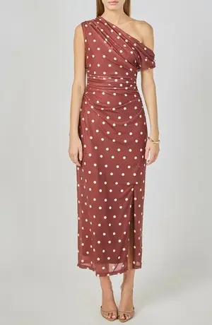 Endless Rose One-shoulder Ruched Polka Dot Mesh Maxi Dress