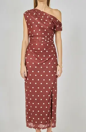 Endless Rose One-shoulder Ruched Polka Dot Mesh Maxi Dress