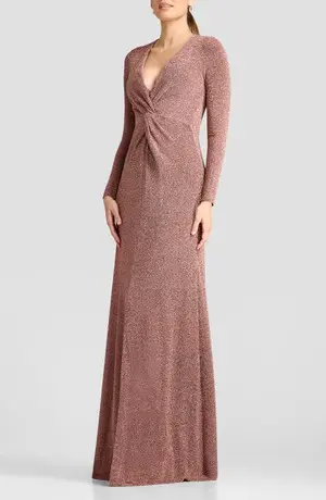 Dress The Population Aya Front Twist Long Sleeve Gown