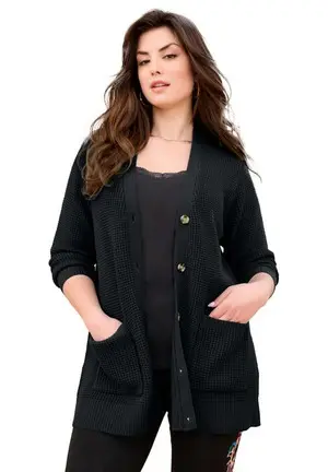 Roaman's Waffle Knit Button Front Cardigan - Black