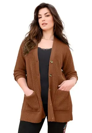 Roaman's Waffle Knit Button Front Cardigan - Cognac