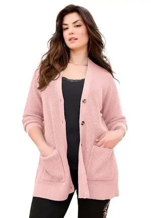Roaman's Waffle Knit Button Front Cardigan - Soft Blush