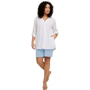 Roaman's Linen Blend Y-neck Roll Tab Sleeve Tunic - White