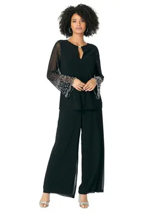 Roaman's Embellished Mesh Overlay Top With Keyhole Neck And Scalloped Sleeves - Black