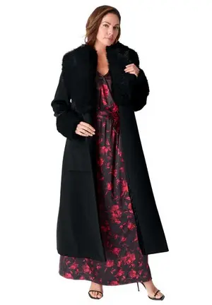 Roaman's Wool Blend Coat With Faux Fur Trim