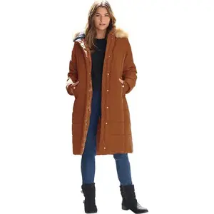 Roaman's Quilted Puffer Coat With Detachable Faux Fur Hood - Cognac