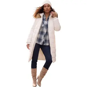 Roaman's Quilted Puffer Coat With Detachable Faux Fur Hood - White